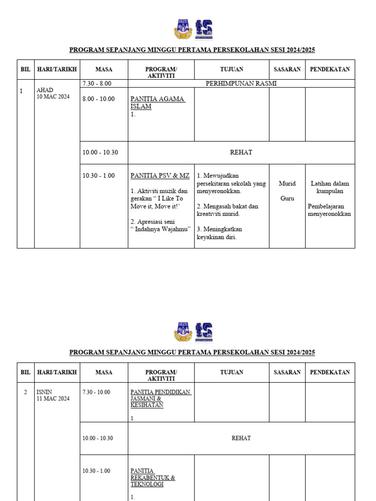 Program Sepanjang Minggu Pertama Persekolahan Sesi 2024 | PDF