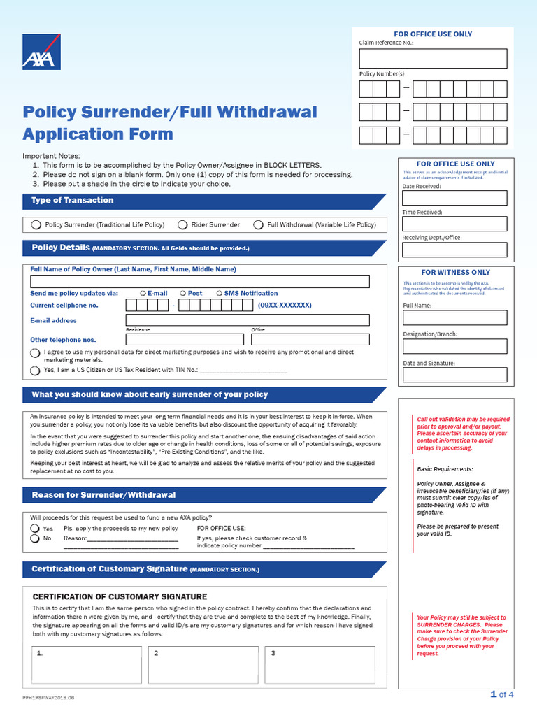 Policy - Full Surrender Form | PDF | Insurance | Cheque