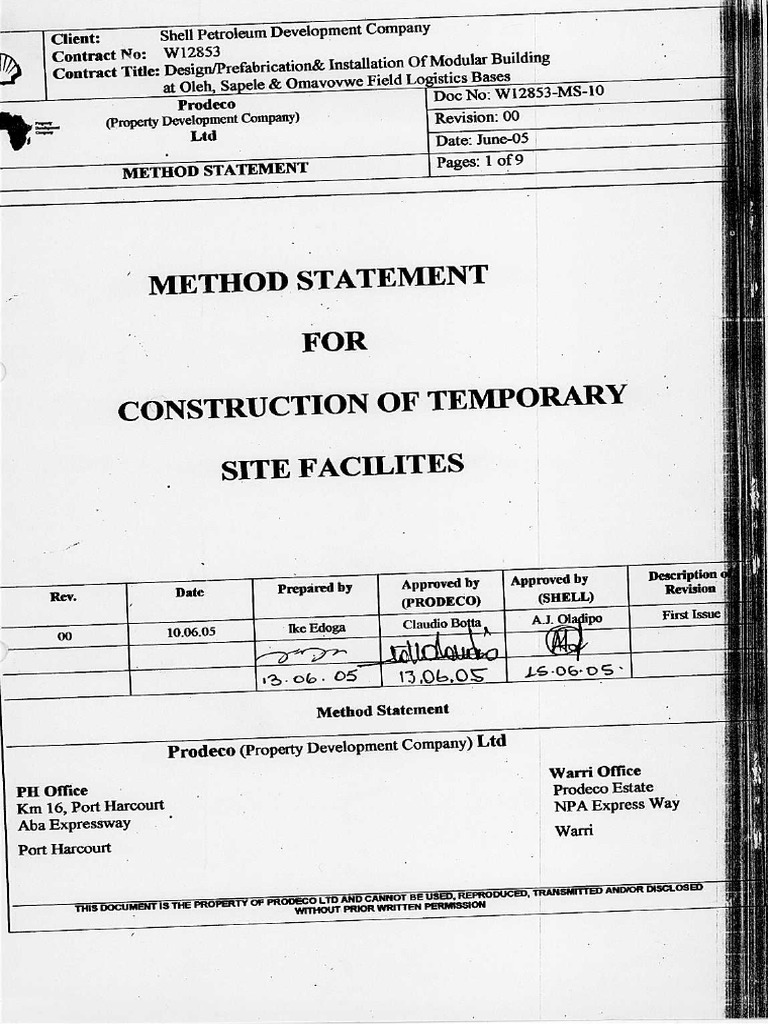 Pdfcoffee.com Method Statement for Construction of Temporary Site Facility PDF PDF Free | PDF