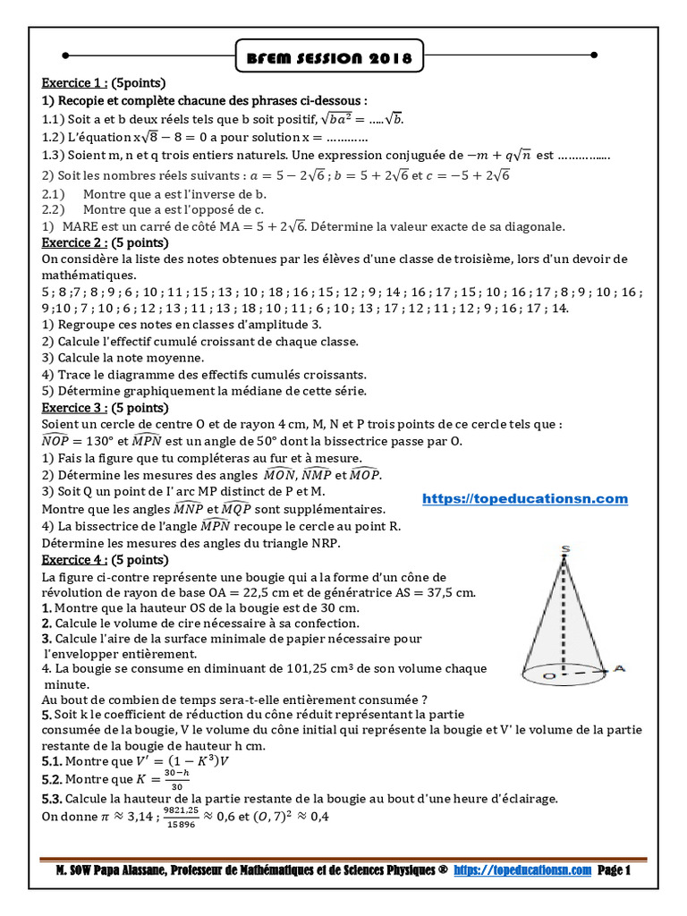 Bfem 2018 Mathematiques | PDF | Mathématiques