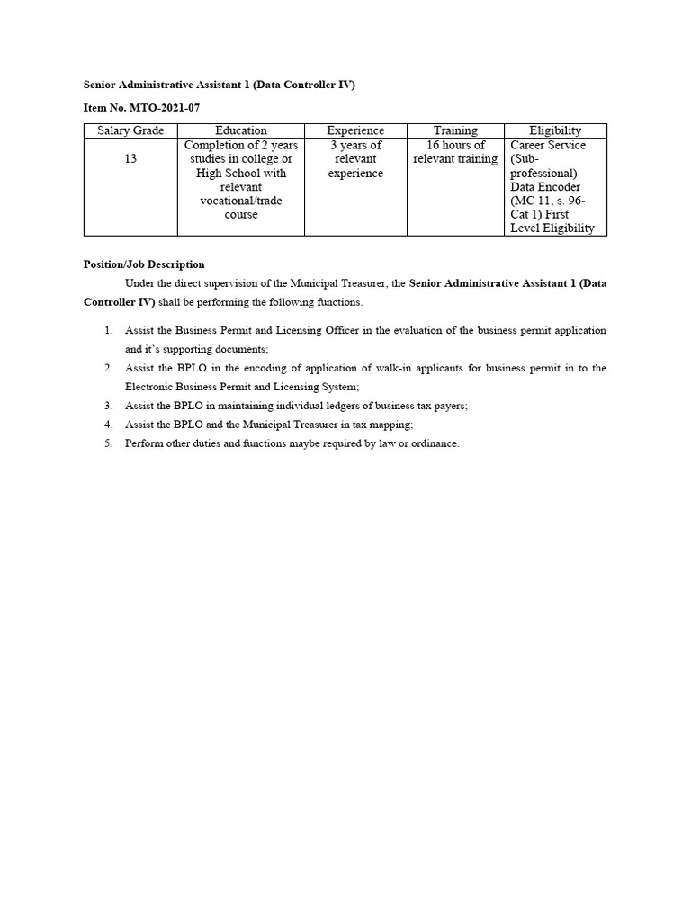 Senior Admin Assistant 1 Job Overview | PDF | Finance & Money Management