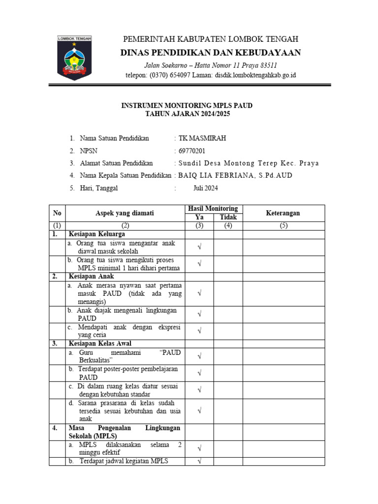 TK MASMIRAH-Instrumen MPLS PAUD Dikbud Kab Lombok Tengah Tahun 2024 | PDF