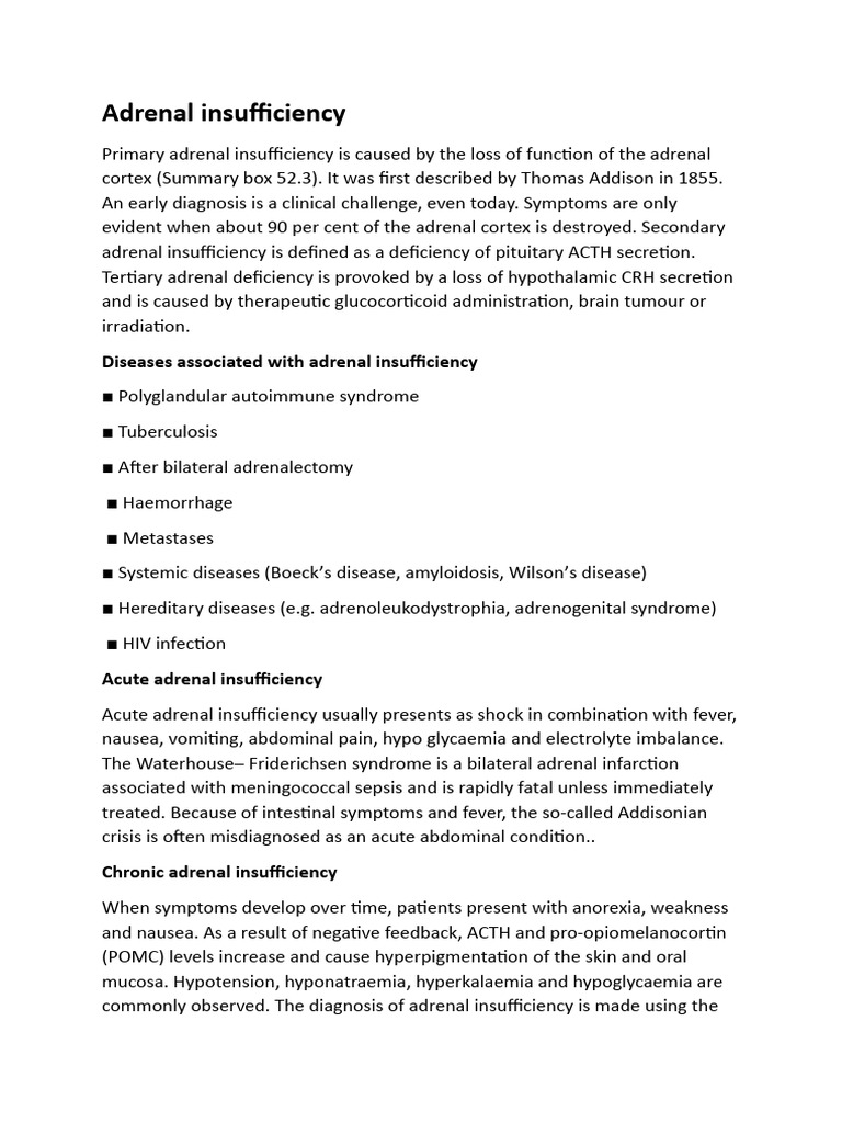 Adrenal Insufficiency Pdf Adrenal Gland Diseases And Disorders