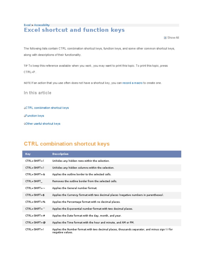 Excel Shortcut and Function Keys | PDF | Microsoft Excel | Tab (Gui)