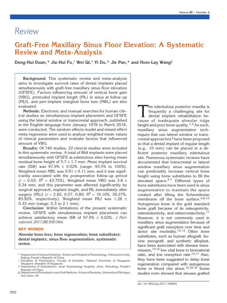 2017 - Graft-Free Maxillary Sinus Floor Elevation | PDF | Dental Implant | Meta Analysis