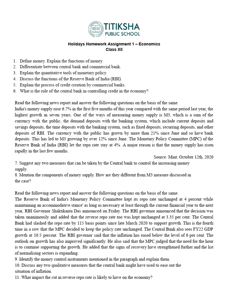 Economics HHW 2024 Assignment 1 | PDF | Reserve Bank Of India | Money ... Economics HHW 2024 Assignment 1 | PDF | Reserve Bank Of India | Money ...