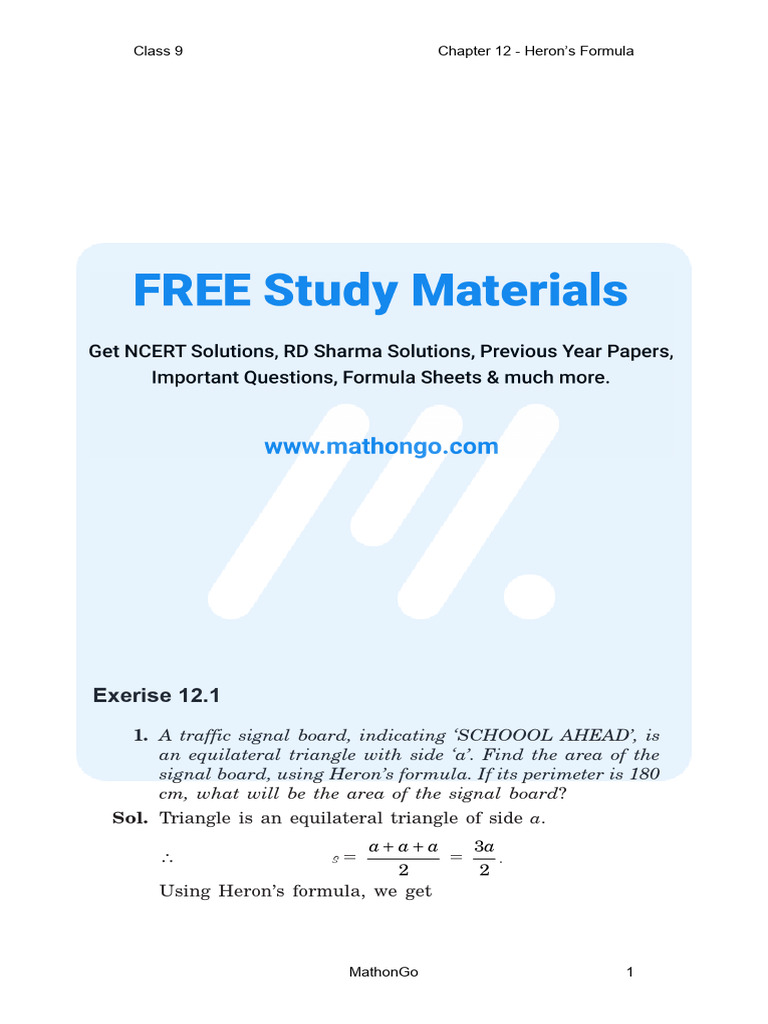 NCERT Solutions Class 9 Maths Chapter 12 Heron's Formula | PDF | Area | Triangle Geometry