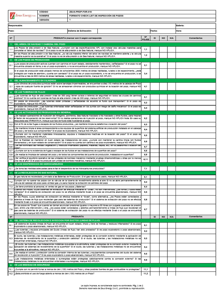 Zeus-prdp-For-016 Formato Check List de Inspección de Pozos | PDF ...