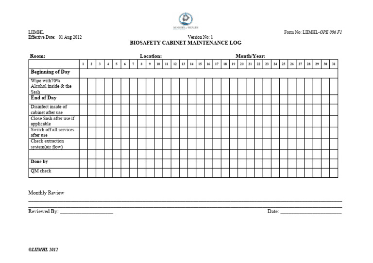 Biosafety Cabinet Disinfection Log | PDF