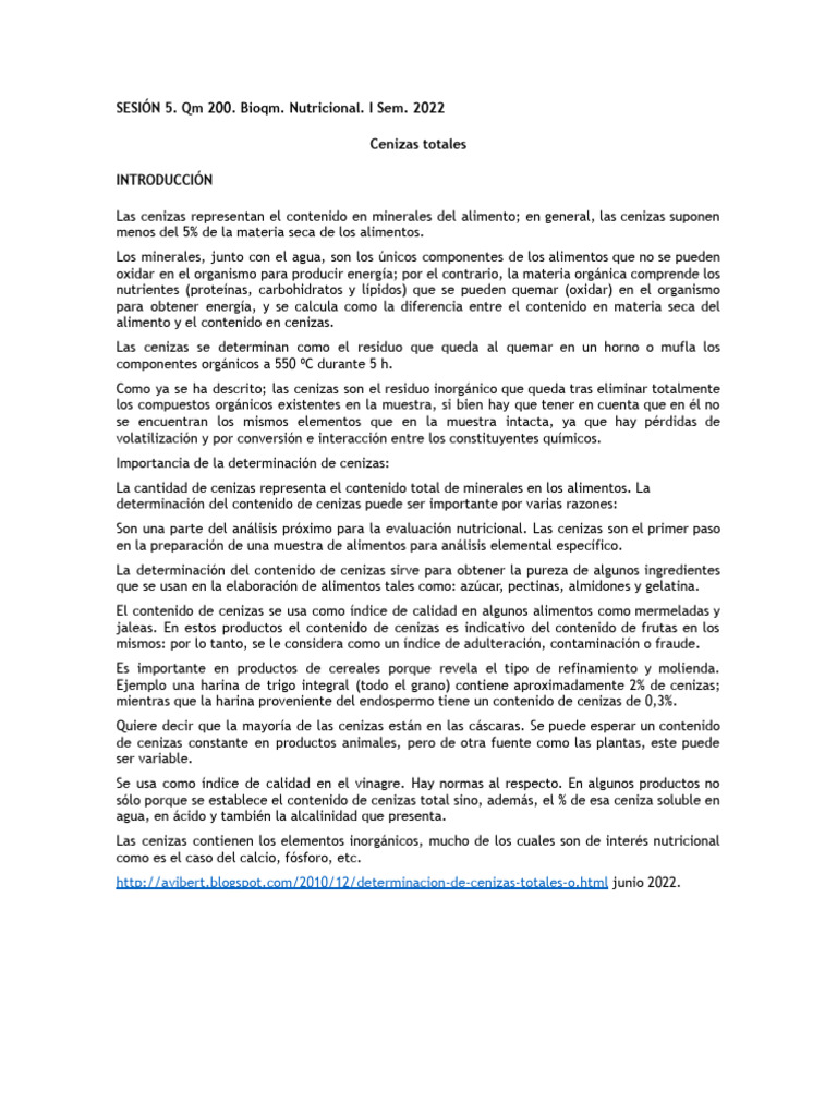 Sesión 5. QM 200 Lab. Minerales (Cenizas Toales) - I Sem 2022 | PDF | Alimentos | Harina