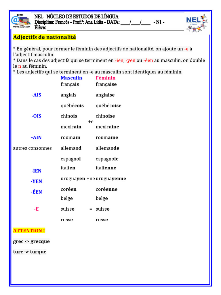 Exercices sur les adjectifs de nationalité | PDF | Échecs