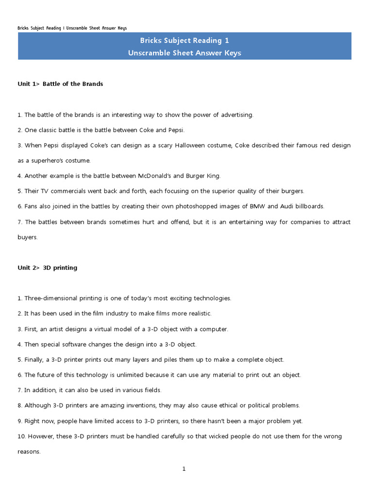Bricks Subject Reading - L1 - Unscramble Sheet - Answer Key | PDF ...