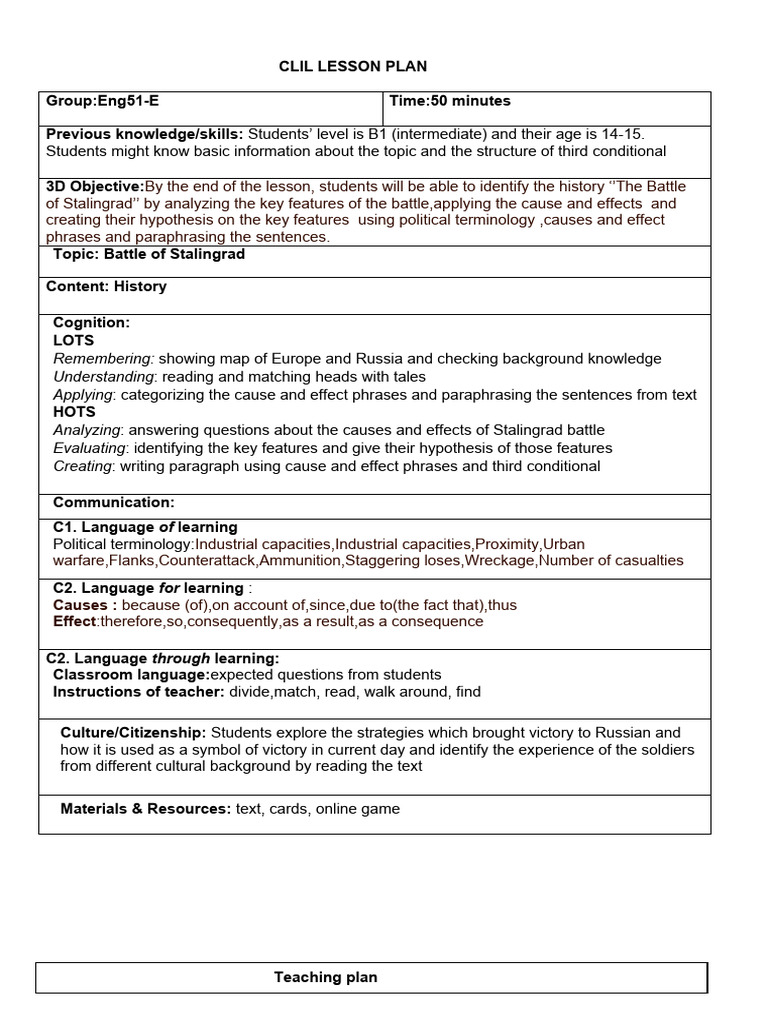 Lesson Plan - Battle of Stalingrad | PDF | Learning | Causality