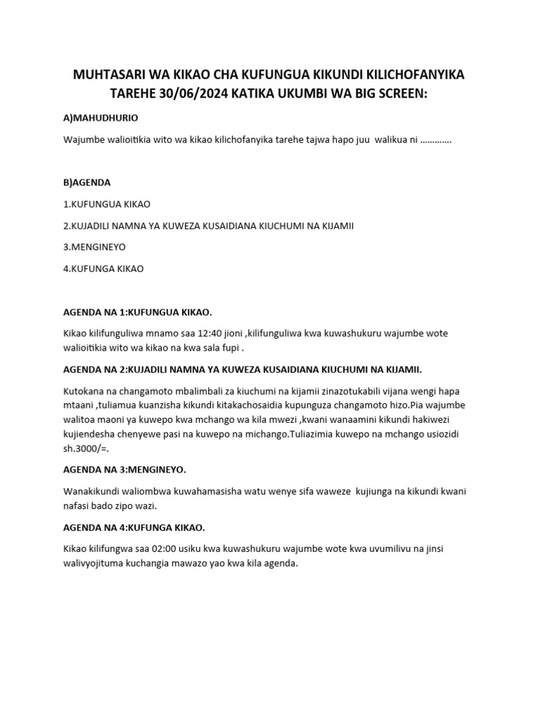 Muhtasari Wa Kikao Cha Kufungua Kikundi Kilichofanyika Tarehe 30 | PDF