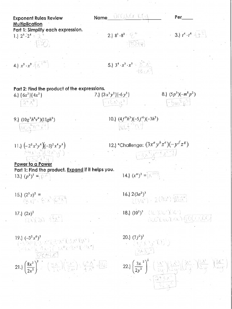 Exponents Review Answer Key Pdf