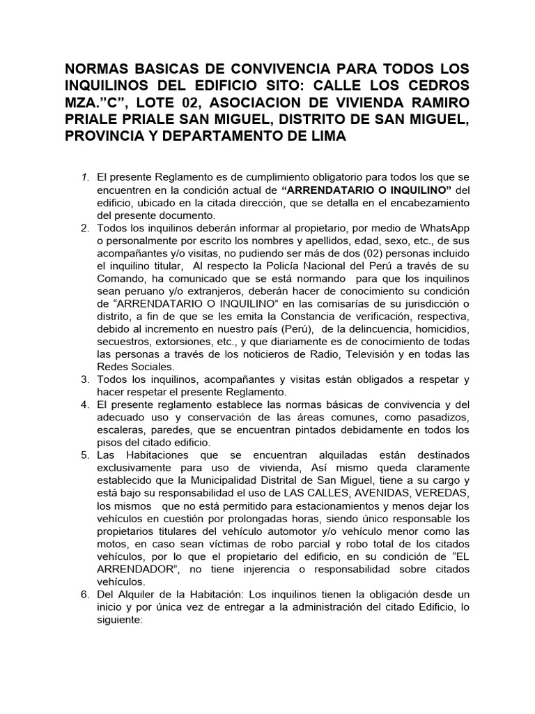 Normas Basicas de Convivencia para Todos Los Inquilinos Del 1 | PDF