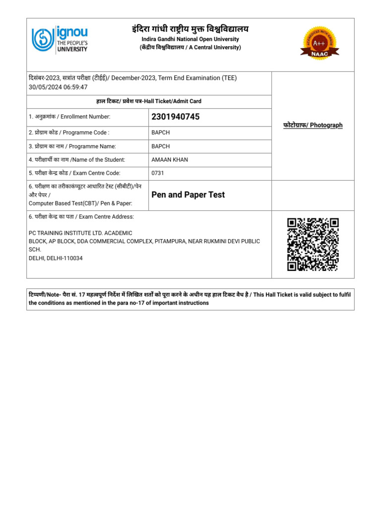 Ignou December-2023 - Hall Ticket - Admit Card | PDF