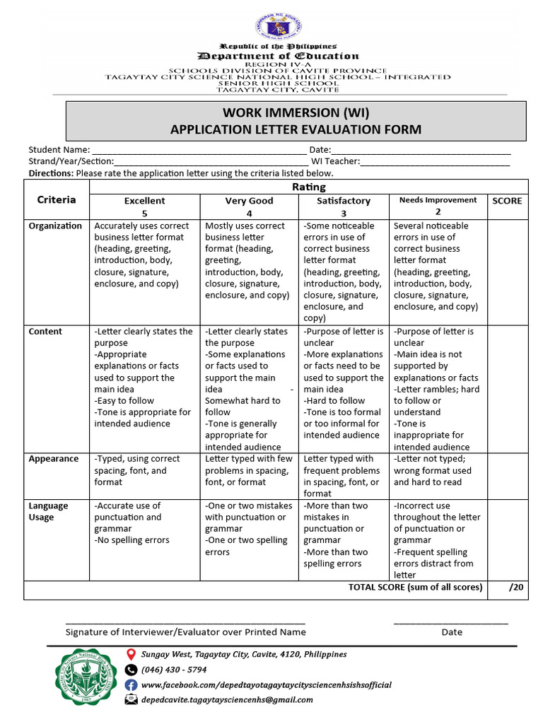Application Letter Evaluation Sheet | PDF | Signature | Writing