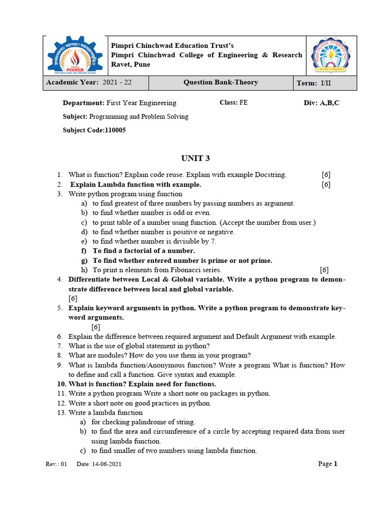 PPS Question Bank 3 To 6 | PDF | Class (Computer Programming) | Method (Computer Programming)