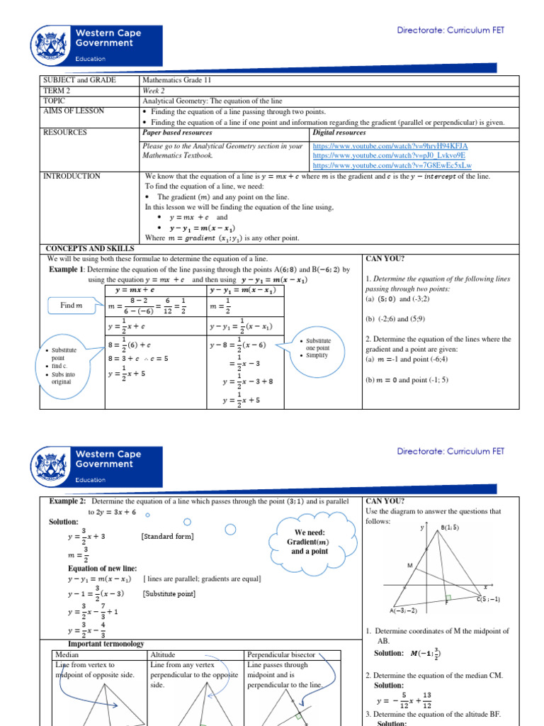 FET T2 Week 2 Grade 11 Mathematics Analytical Geometry | PDF | Line (Geometry) | Equations