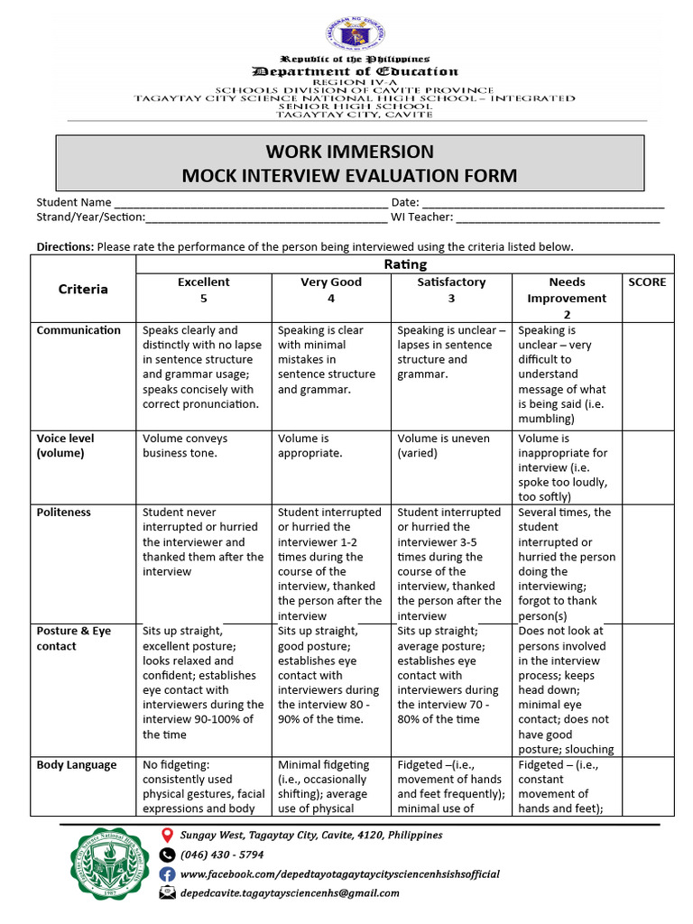 Mock Interview Evaluation Sheet | PDF | Human Communication | Linguistics