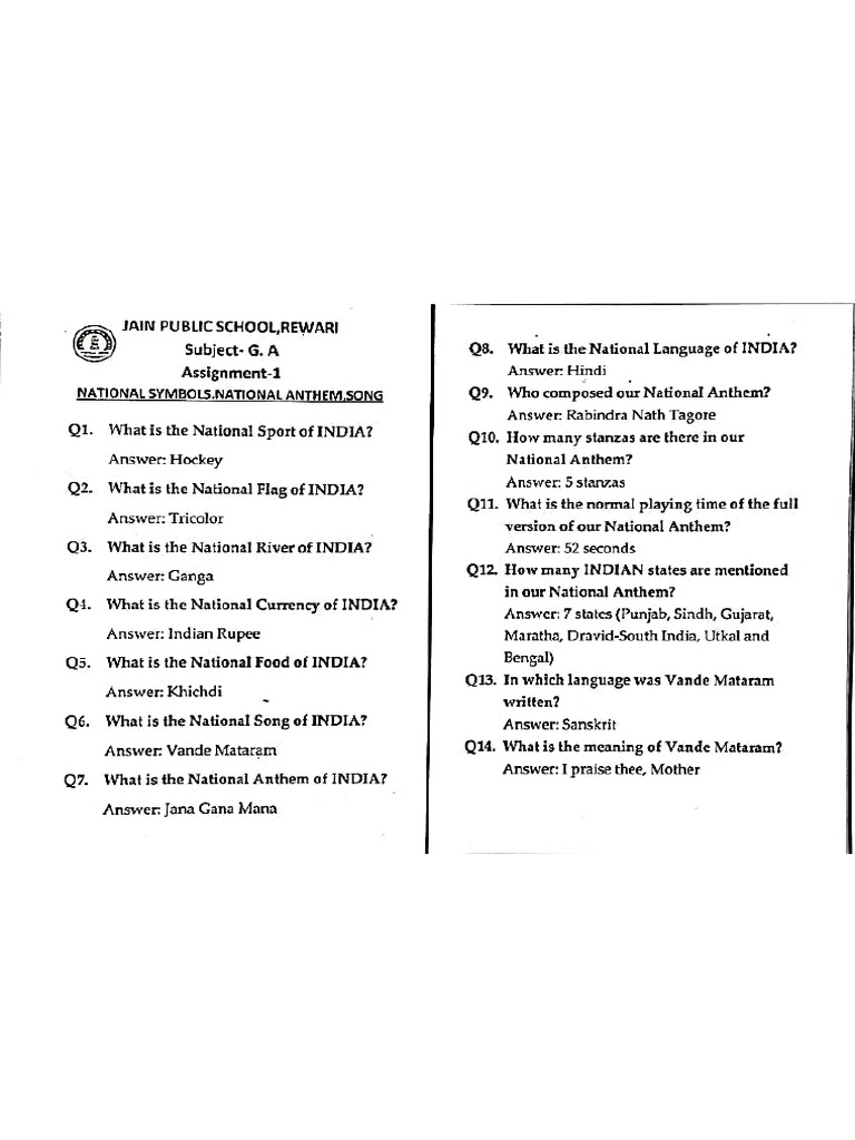 Class - 2, G.K, Assignment - 1 | PDF