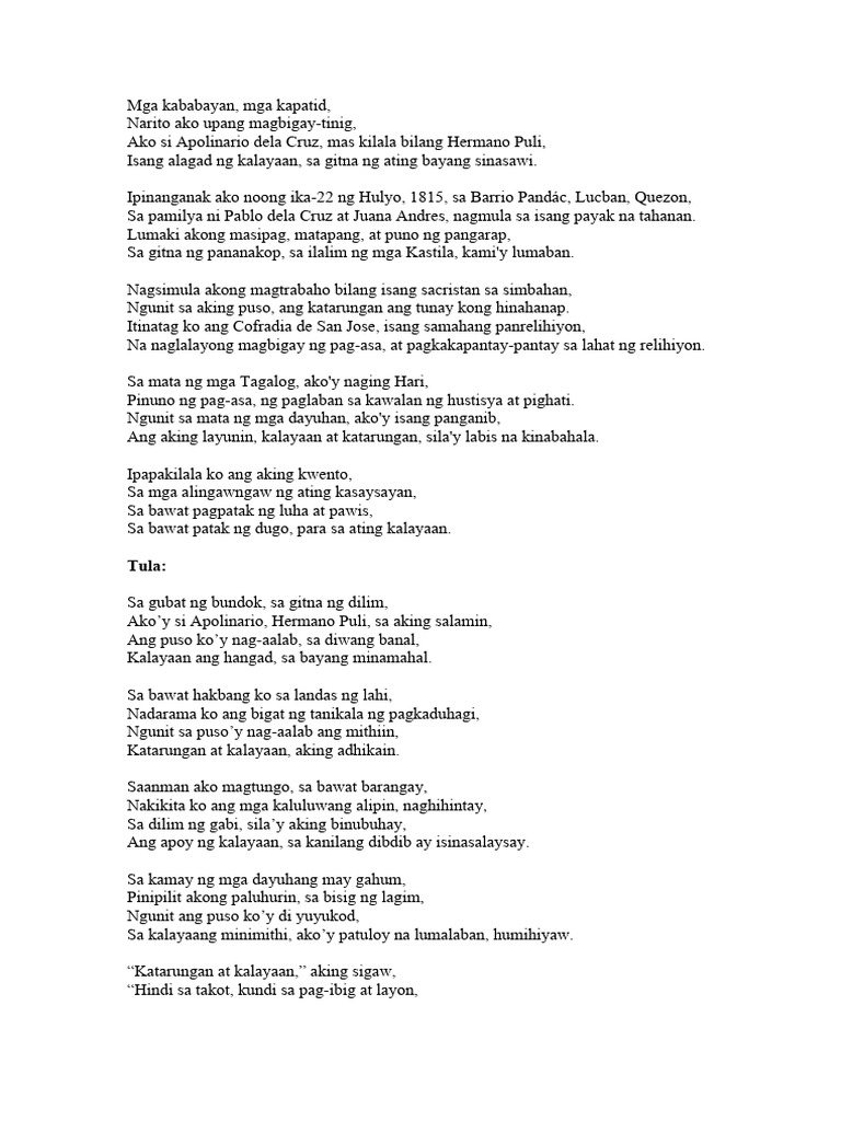 Hermano Pule-Madulang Tula Script. | PDF