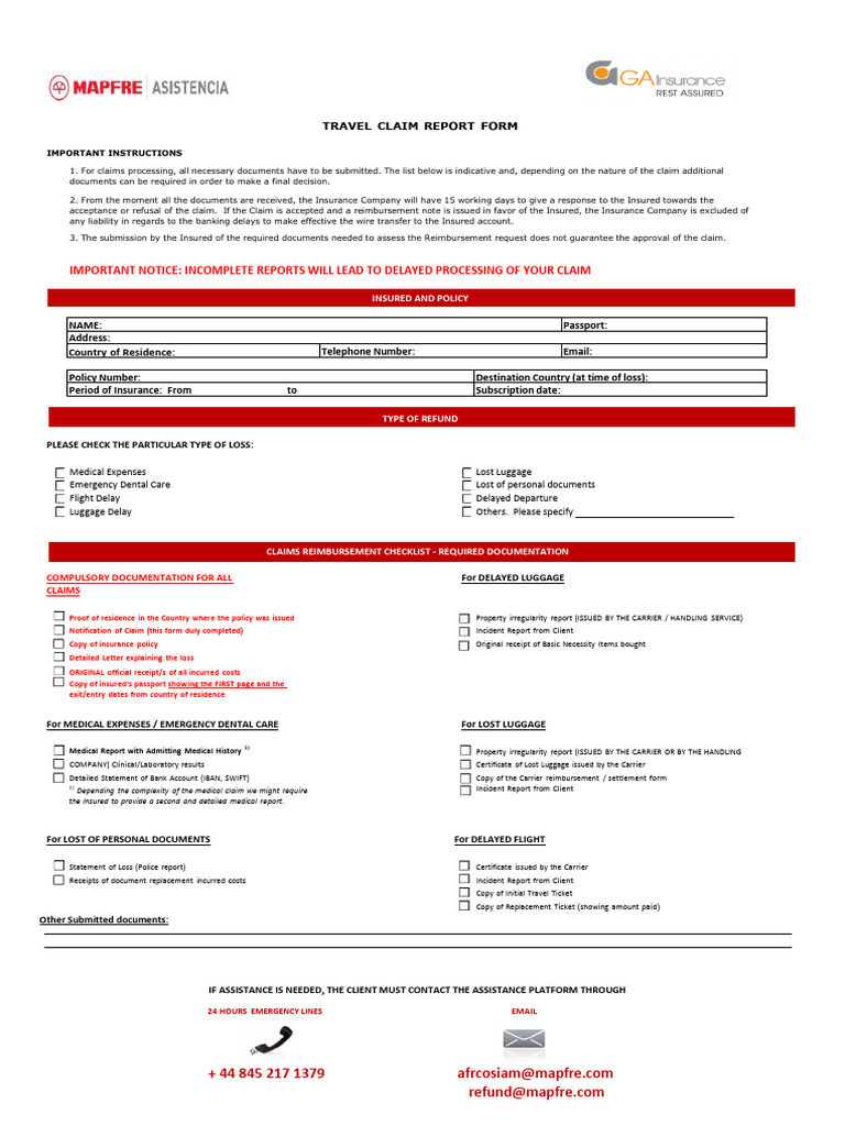 Travel Insurance Claim Form - English | PDF | Insurance | Reimbursement