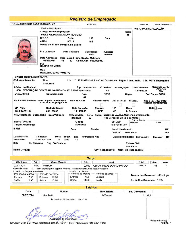 Ficha de Registro - Gilmar Da Silva Romero - Reginaldo | PDF