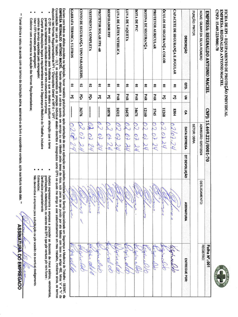 Ficha de Entrega Epi - Gilmar Da Silva Romero - Reginaldo | PDF