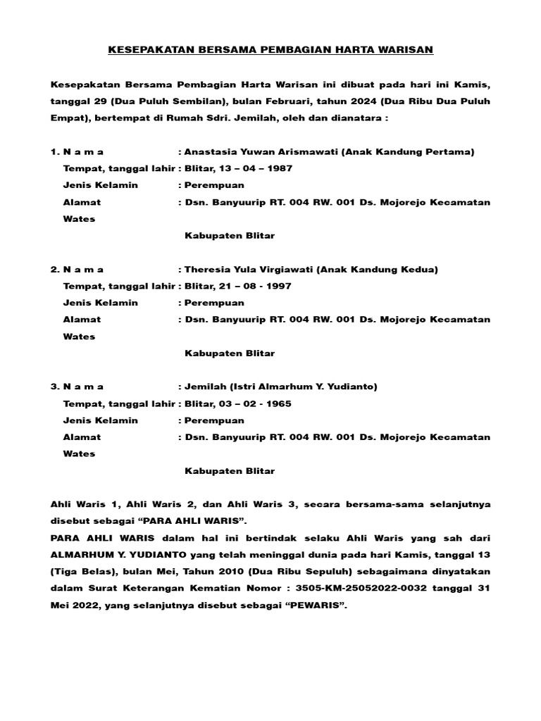 Kesepakatan Bersama Pembagian Harta Warisan | PDF | Hukum