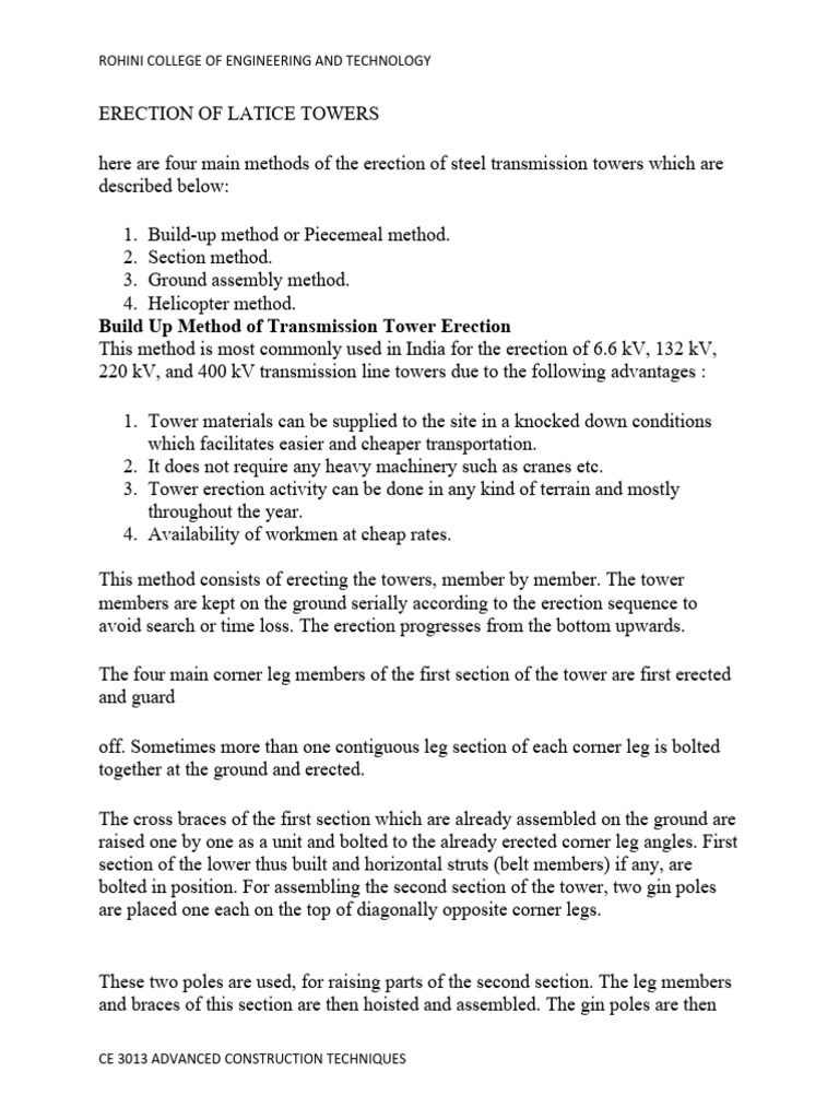 Build Up Method of Transmission Tower Erection: Rohini College of Engineering and Technology ...