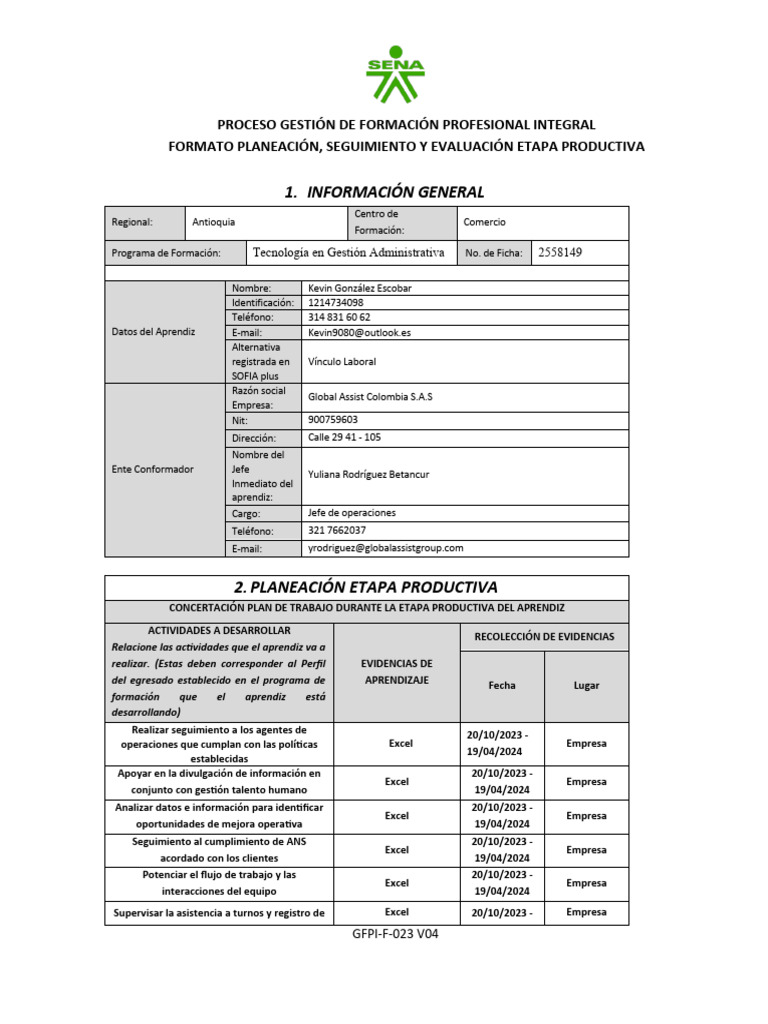 FORMATO PLANEACIÓN, SEGUIMIENTO Y EVALUACIÓN ETAPA PRODUCTIVA | PDF | Business | Evaluación