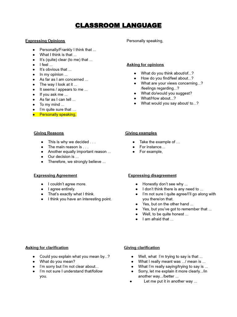 CLASSROOM LANGUAGE | PDF | Reason