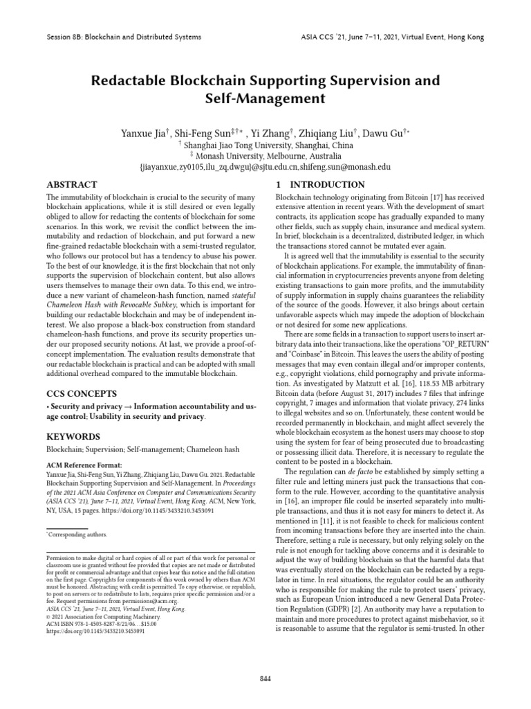 Redactable Blockchain Supporting Supervision and Self-Management | PDF | Public Key Cryptography ...