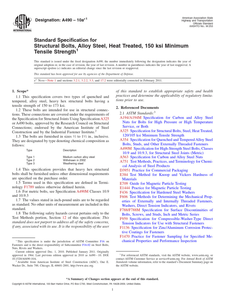 ASTM A490 Standard Specification For Structural Bolts Alloy Steel Heat ...