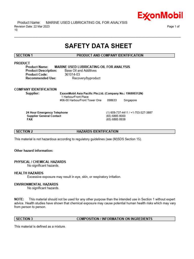 MSDS Latest ExonMobil | PDF | Personal Protective Equipment | Materials