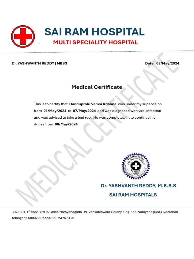 Medical Certificate from Sai Ram Hospital | PDF
