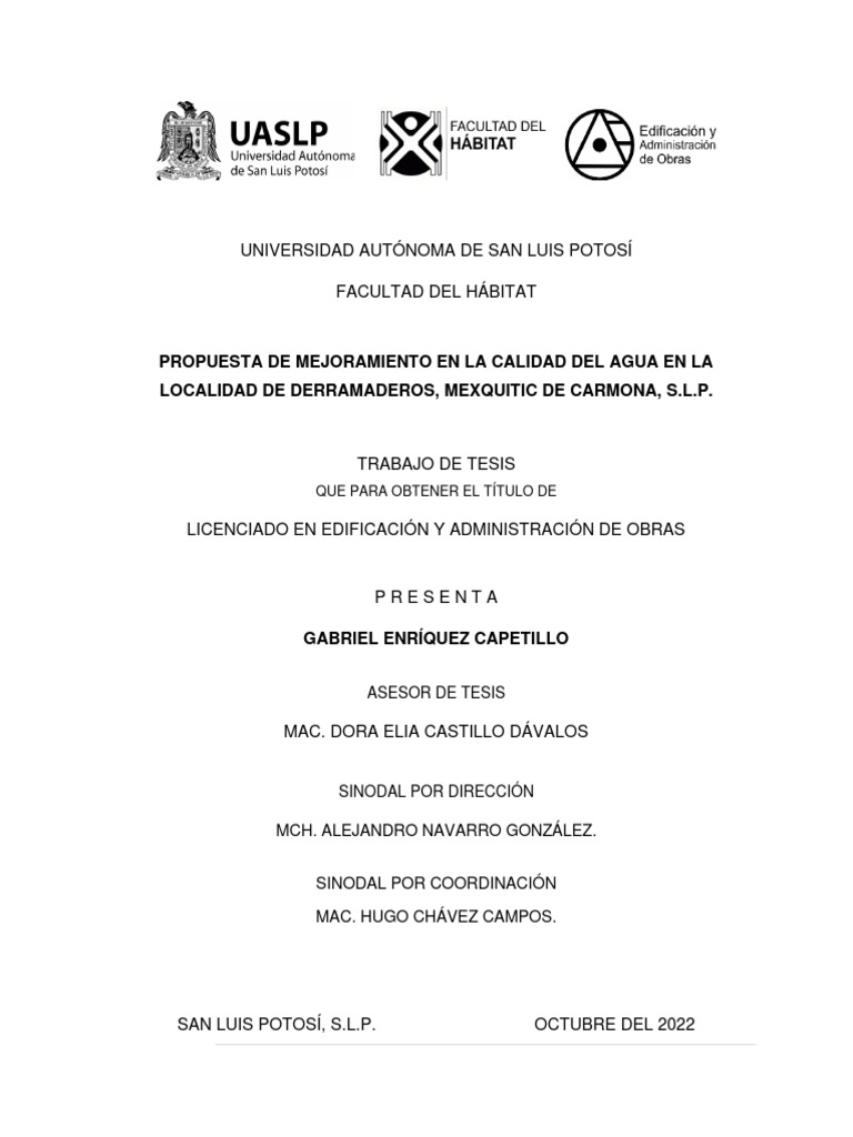 Propuesta de Mejoramiento de La Calidad Del Agua en La Localidad de ...