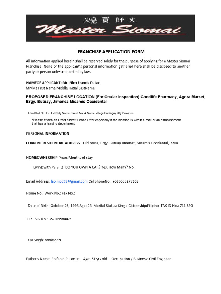 MASTER SIOMAI - Franchise-Application-Form-v2 | PDF