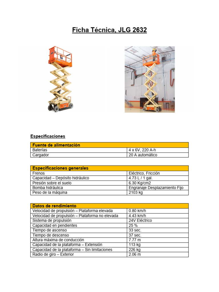 Ficha Técnica JLG 2630 | PDF | Ingeniería mecánica | Tecnología de ...