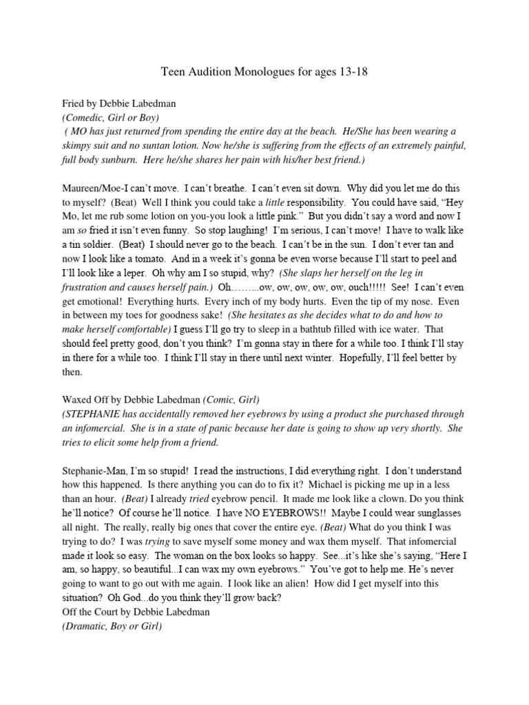 Teen Audition Monologues For Ages 13-18 | PDF