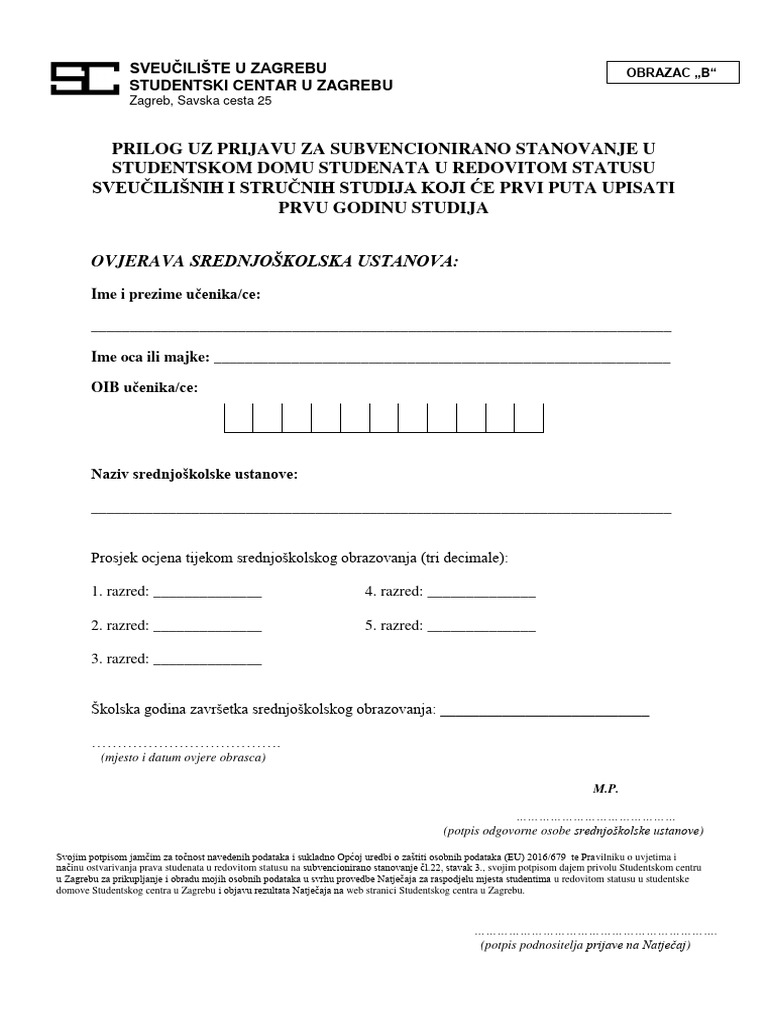 Obrazac Za Prijavu Brucosa B | PDF