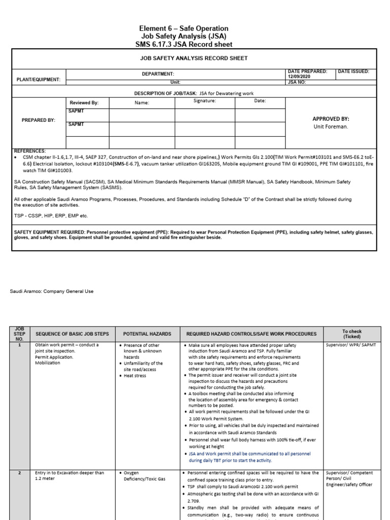 Jsa For Dewatering Pdf Personal Protective Equipment Pump