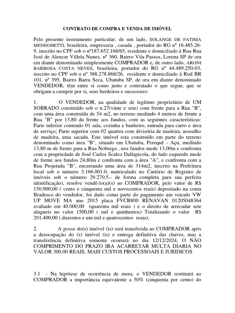 Contrato De Compra E Venda De Imóvel Pdf Direito Comum Direito