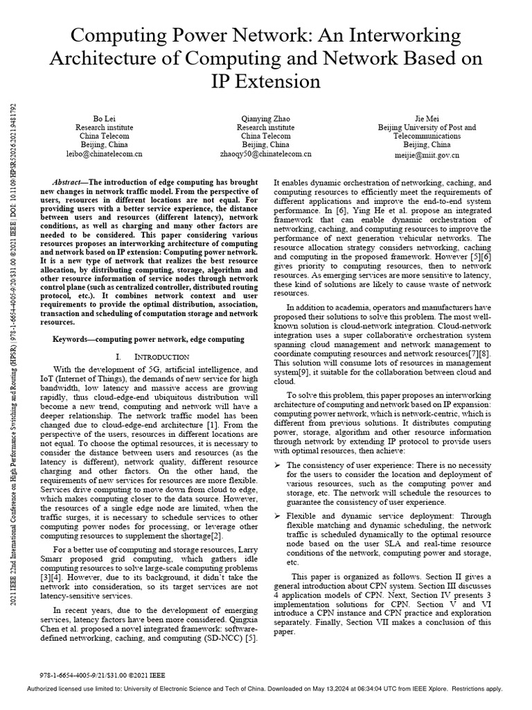 Computing Power Network An Interworking Architecture Of Computing And Network Based On Ip
