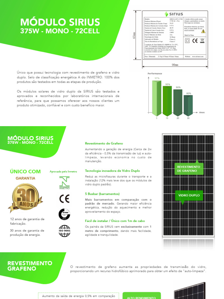 Módulo Solar Sirius 375W com Grafeno | PDF | Painel solar | Célula solar