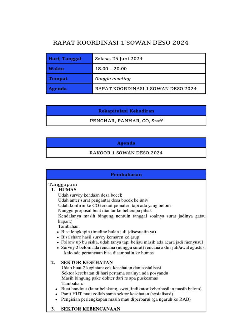 Notul Rakoor 1 Sowan Deso 2024 | PDF