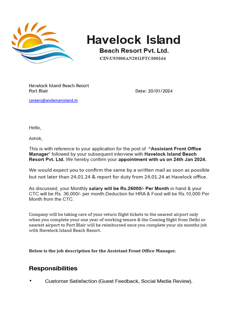 Offer Letter Havelock Beach Resort | PDF | Business