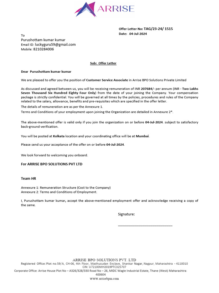 Purushottam OfferLetter | PDF | Employment | Justice